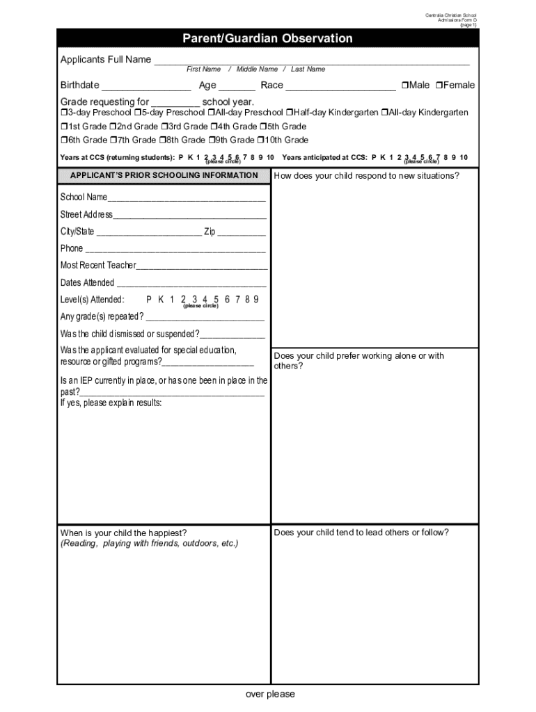 Fillable Online Parent/Guardian Observation Fax Email Print - pdfFiller
