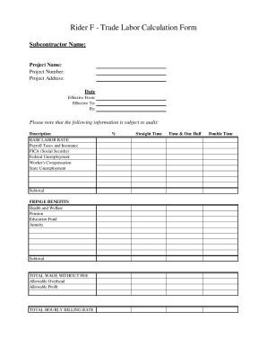 Fillable Online Rider F - Trade Labor Calculation Form Fax Email Print ...