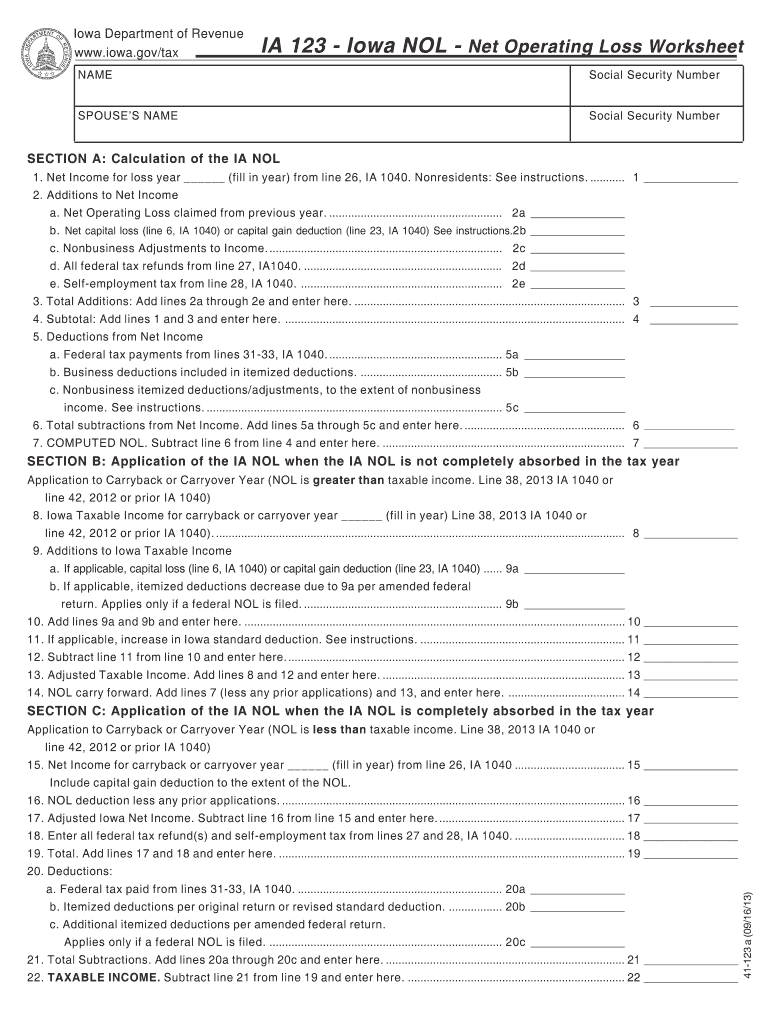 Fillable Online IA 123 - Iowa NOL - Net Operating Loss Worksheet Fax ...