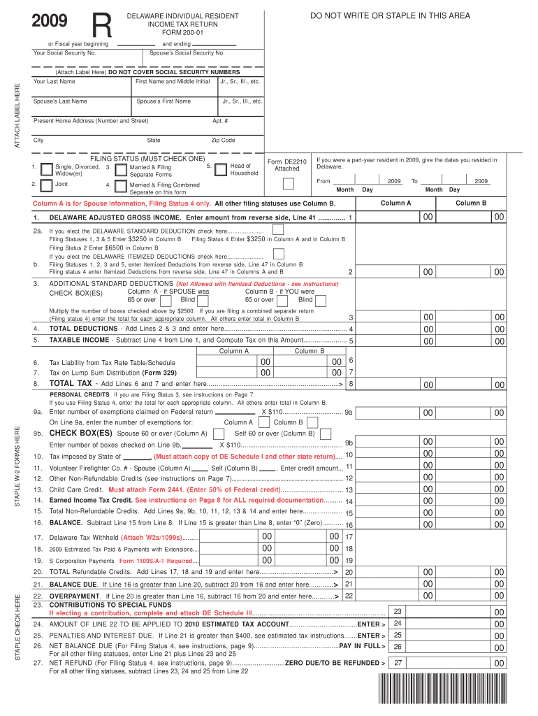 Fillable Online revenue delaware 2009 R DO NOT WRITE OR STAPLE IN THIS ...