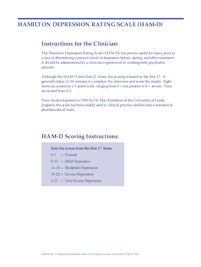 Fillable Online HAMILTON DEPRESSION RATING SCALE (HAM-D) Fax Email ...