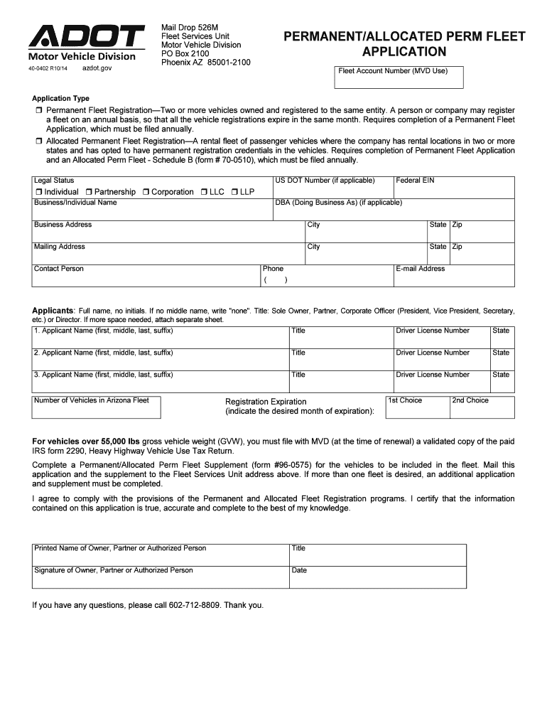Fillable Online azdot Permanent/Allocated Perm Fleet Application Fax Email Print - pdfFiller