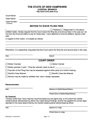 Fillable Online nh Motion for Waiving Filing Fee - Judicial Branch Fax ...