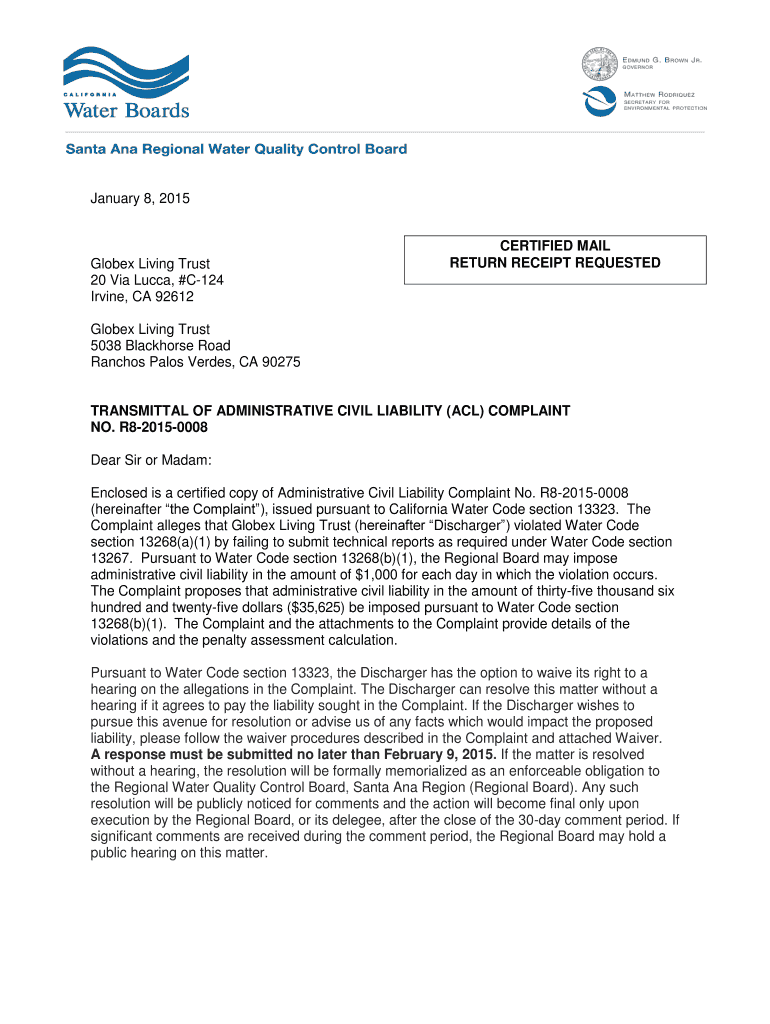 Fillable Online waterboards ca CERTIFIED MAIL RETURN RECEIPT REQUESTED ...
