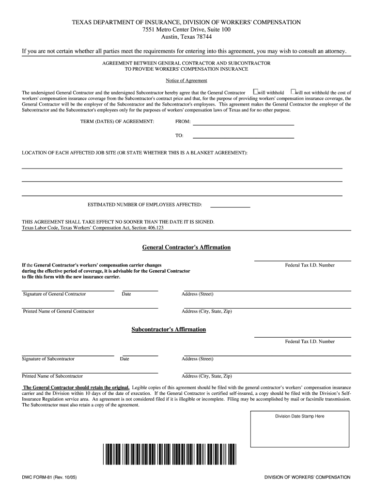 Fillable Online tdi texas Agreement Between General Contractor and ...