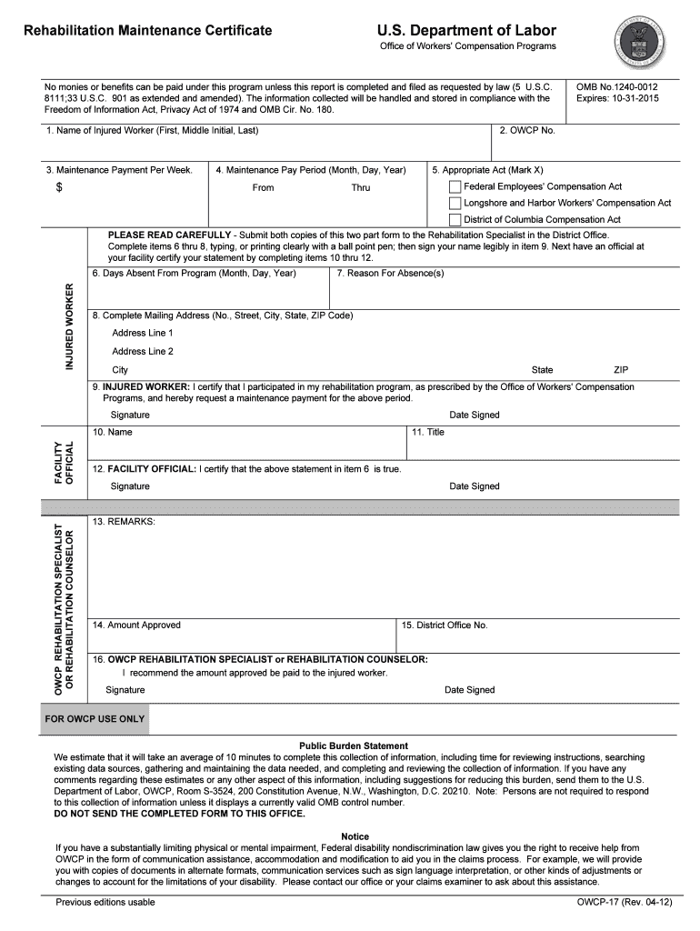 Fillable Online dol Department of Labor Rehabilitation Maintenance ...