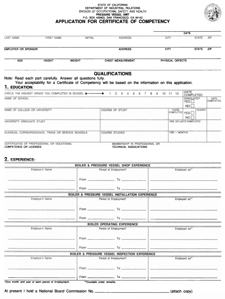 Fillable Online dir ca Application of Certificate of Competency - dir ...