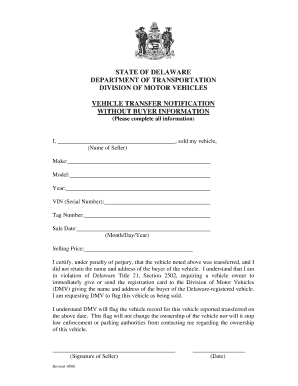 Fillable Online dmv de Vehicle Transfer Notification without Buyer ...