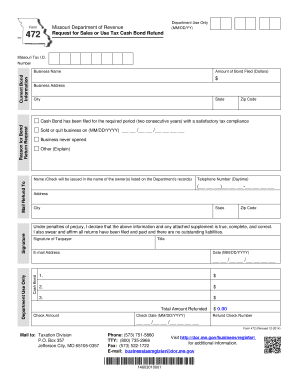 Fillable Online dor mo Form 472 - Request for Sales or Use Tax Cash ...