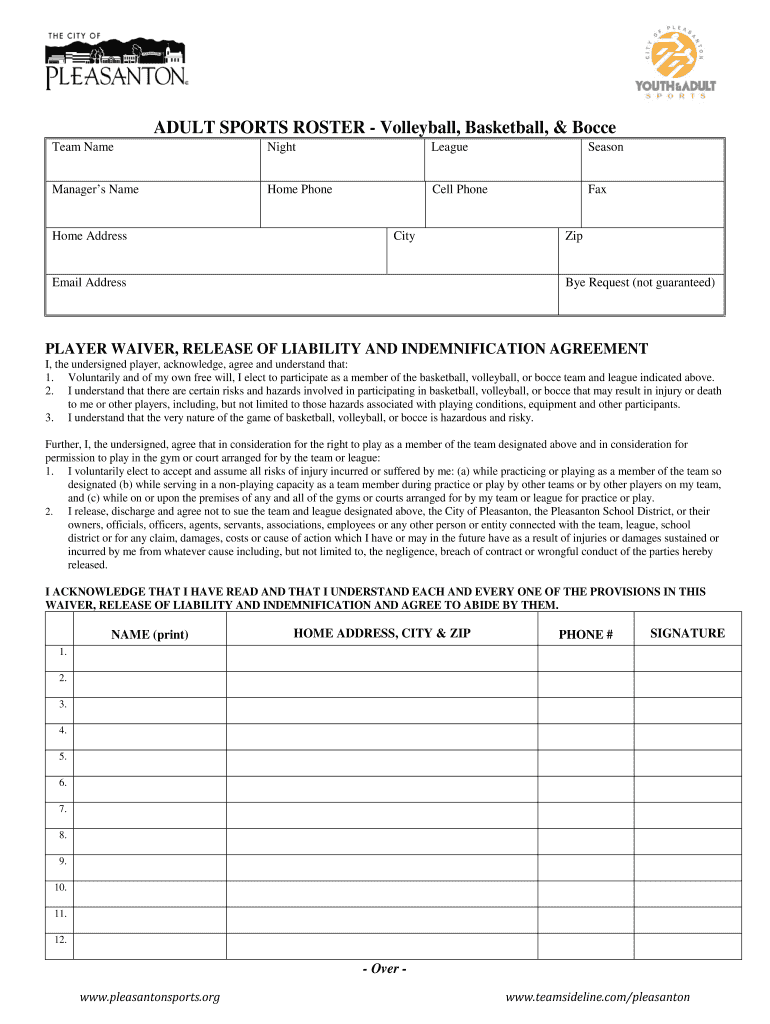Fillable Online ADULT SPORTS ROSTER - Volleyball, Basketball ...