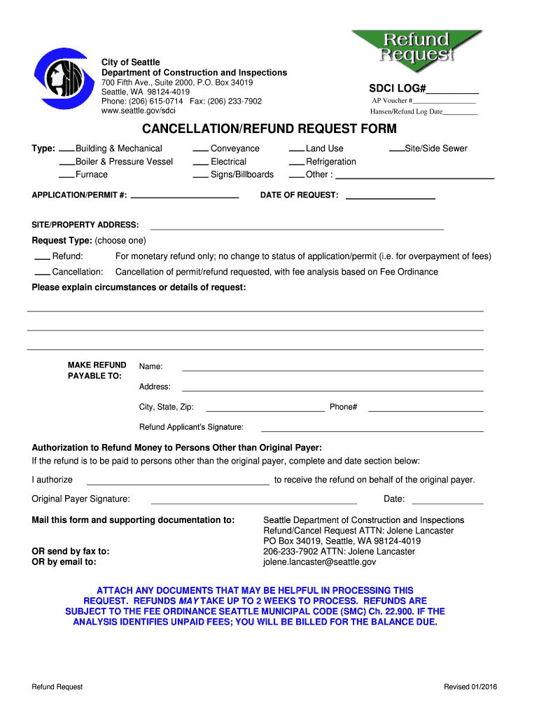 Fillable Online seattle Seattle DCI Form - Refund and Cancellation ...