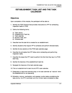 Fillable Online fsis usda Establishment Task List and the Task Calendar ...