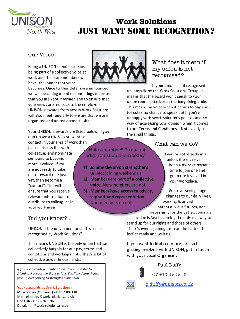 Fillable Online unisonmanchester Work Solutions Just want some ...