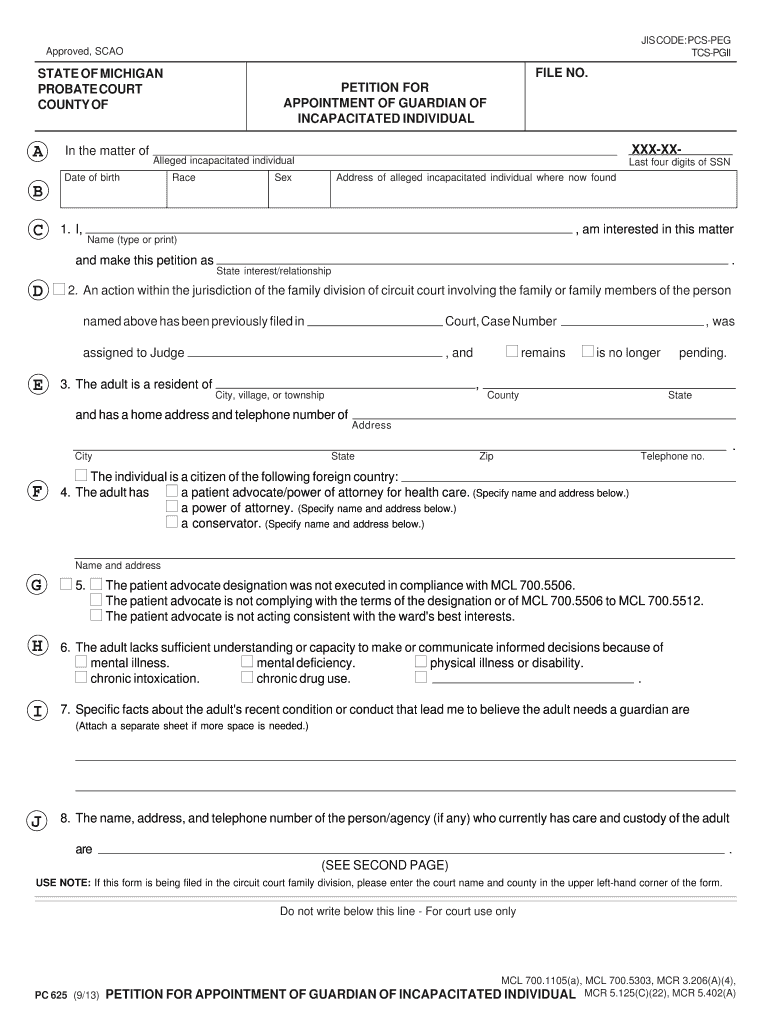 Fillable Online courts mi PC625 Petition for Appointment of Guardian of ...
