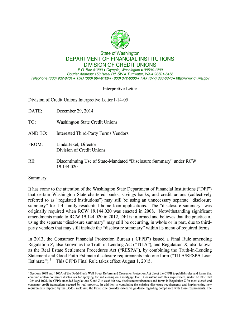 Fillable Online dfi wa DCU Interpretive Letter - I-14-05 - Interested ...