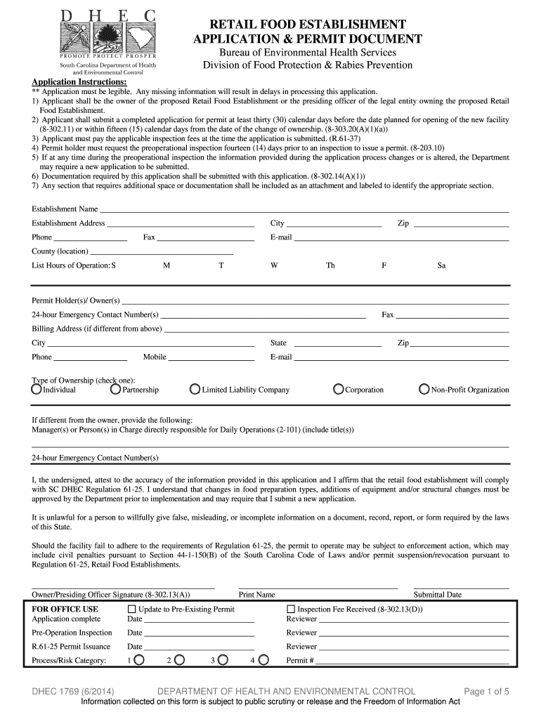 Fillable Online dmz dhec sc FINAL INSPECTION FOR A NEW RETAIL FOOD ...