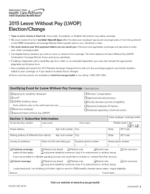 Fillable Online hca wa 2015 Leave Without Pay (LWOP) Election/Change ...
