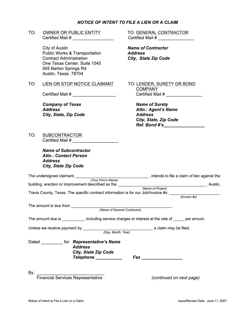 TX Notice Of Intent To File A Lien Or Claim 2007 2021 Fill And Sign 