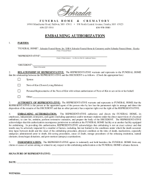 Fillable Online Embalming authorization - Schrader Funeral Homes amp ...