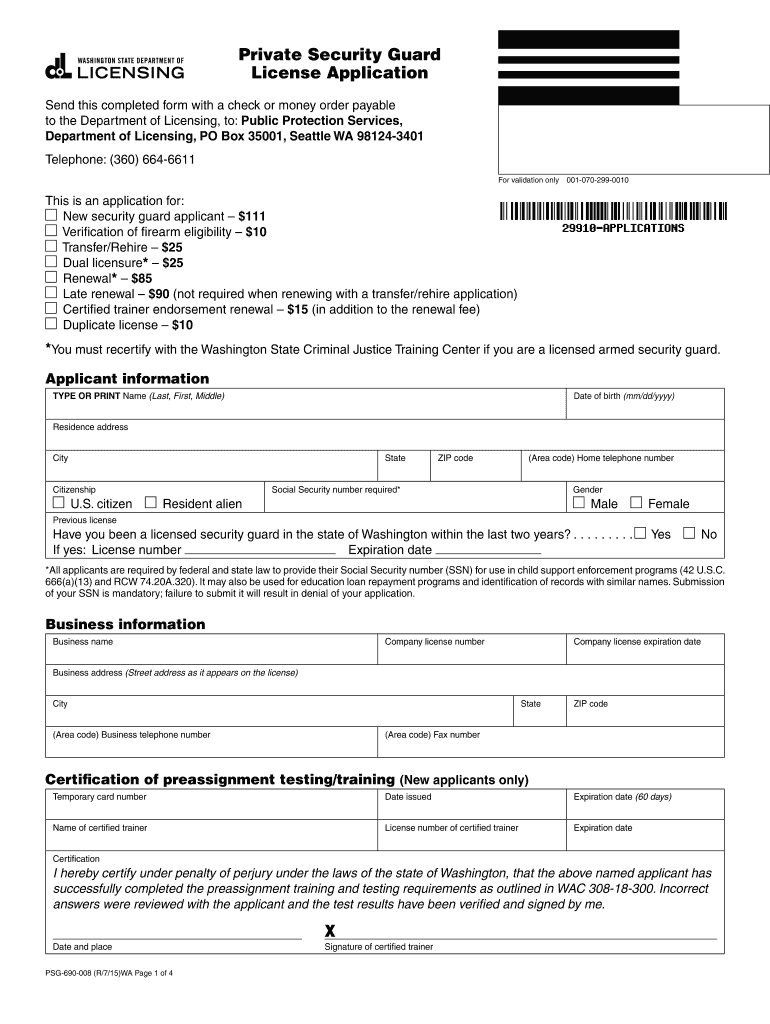Fillable Online dol wa Private Security Guard License Application Fax ...