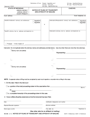 Fillable Online courts mi Notice of Filing of Transcript and Affidavit ...