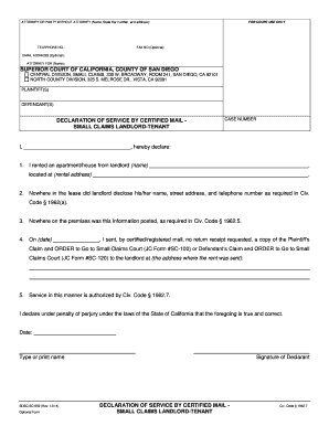 Fillable Online sdcourt ca Declaration of service by certified mail ...