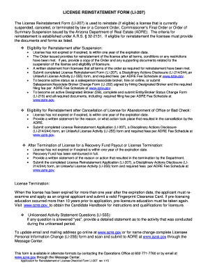 Fillable Online azre LI-207 - APPLICATION FOR REINSTATEMENT OF LICENSE ...