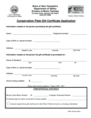 Fillable Online nh Conservation Plate Gift Certificate Application Fax Email Print - pdfFiller