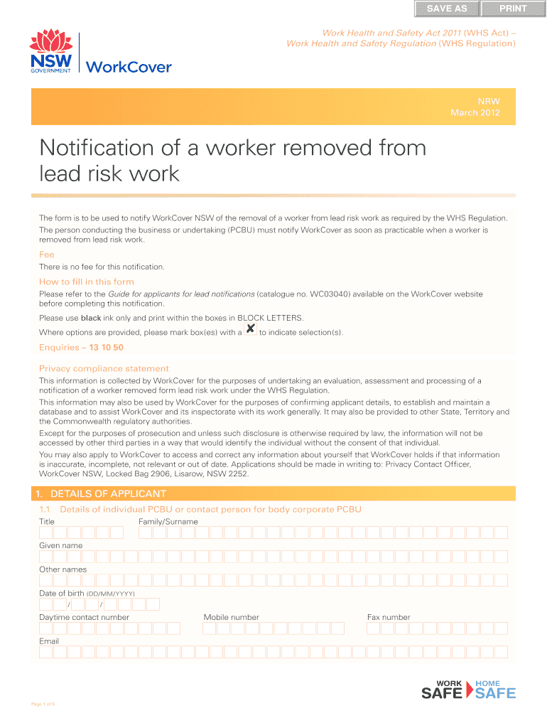 Fillable Online Notification of a worker removed from lead risk work ...