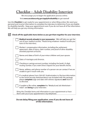 Fillable Online socialsecurity Checklist Adult Disability Interview ...
