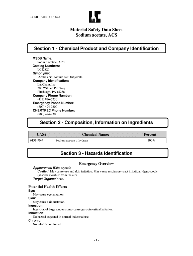 Fillable Online Sodium acetate, ACS Fax Email Print - pdfFiller