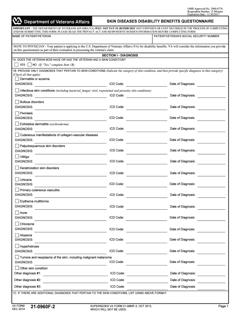 Fillable Online vba va SKIN DISEASES DISABILITY BENEFITS QUESTIONNAIRE ...