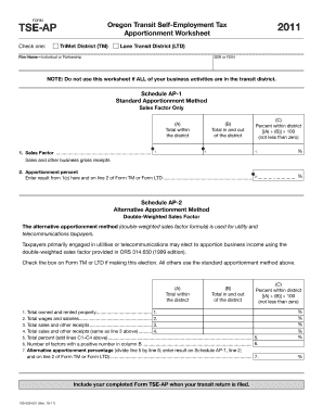 Fillable Online oregon 2011 Form TSE-AP, Oregon Transit Self-Employment ...