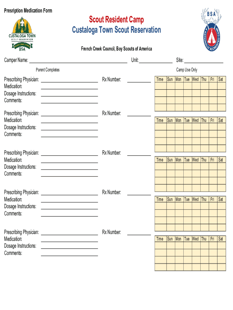 Fillable Online Scout BSA Resident Camp - Custaloga Town Scout Reservation Fax Email Print ...