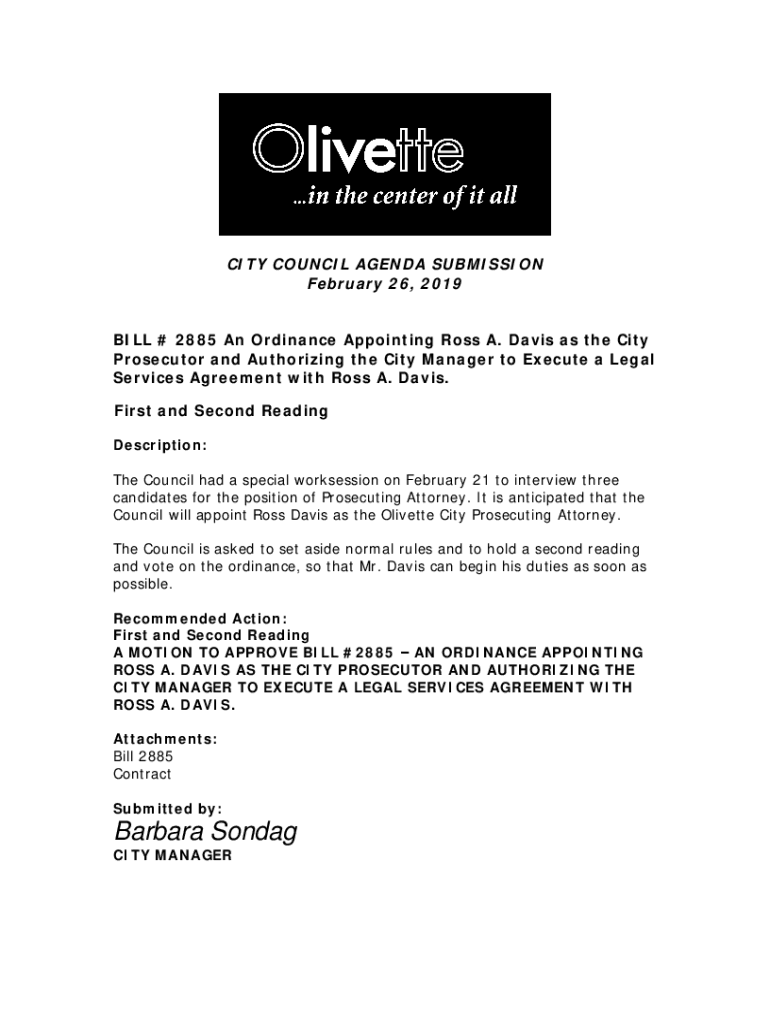 Fillable Online BILL # 2885 An Ordinance Appointing Ross A. Davis as ...
