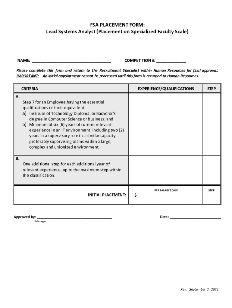 Fillable Online fsa-lead-systems-analyst-placement-form- ... Fax Email ...