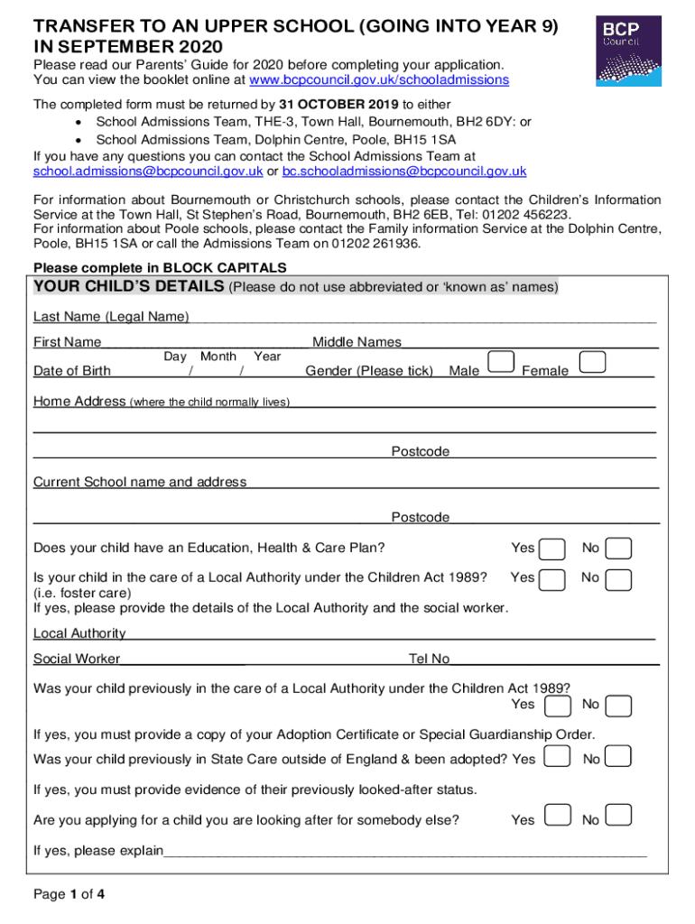 Fillable Online TRANSFER TO AN UPPER SCHOOL (GOING INTO YEAR ... Fax ...