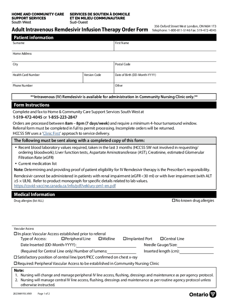 Fillable Online Adult Intravenous Remdesivir Infusion Therapy Order ...