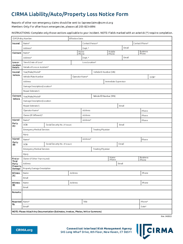 Fillable Online CIRMA Liability/Auto/Property Loss Notice Form Fax ...