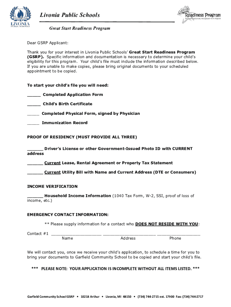 Fillable Online Great Start To Readiness Program (GSRP) Fax Email Print ...