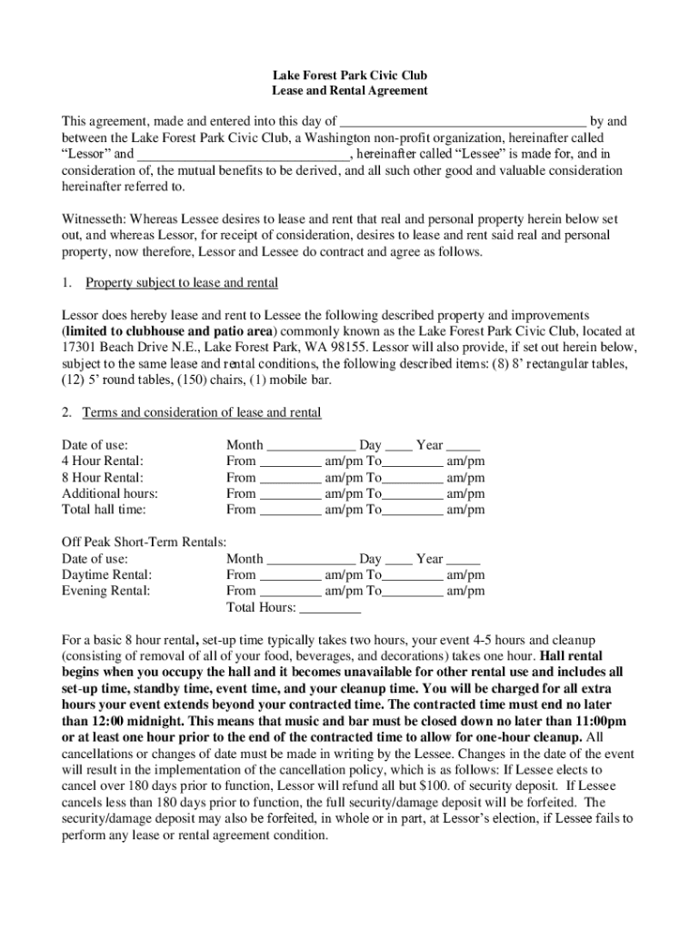 Fillable Online Lake Forest Park Civic Club Lease and Rental Agreement ...