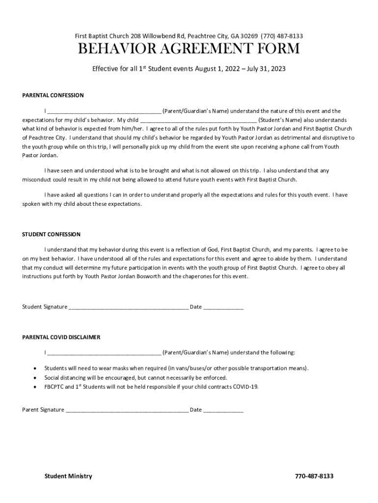 Fillable Online BEHAVIOR AGREEMENT FORM Fax Email Print - pdfFiller