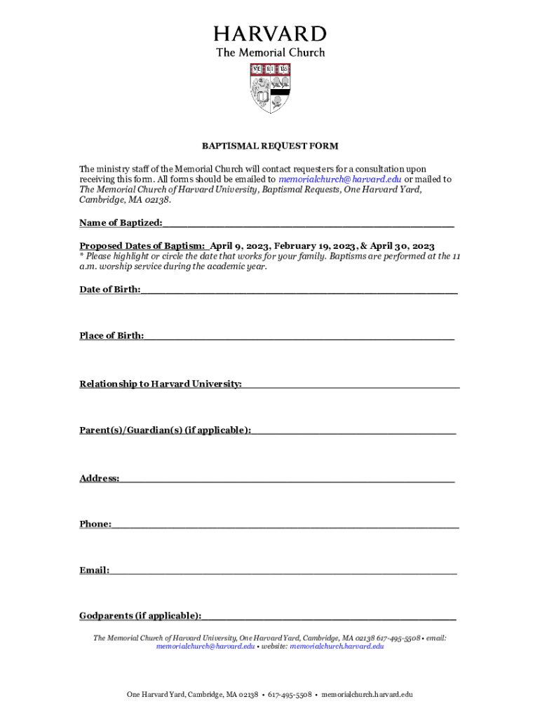 Fillable Online memorialchurch harvard Baptism Request Form - Harvard ...