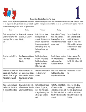 Fillable Online Summer Math Calendar Going into First Grade Start ...