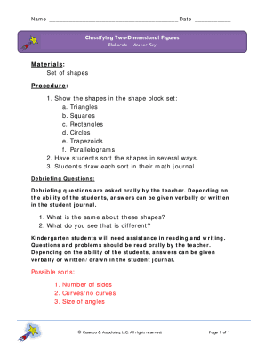 Fillable Online Lesson 1 Problem Set K2 Name Date Sort the shapes ...