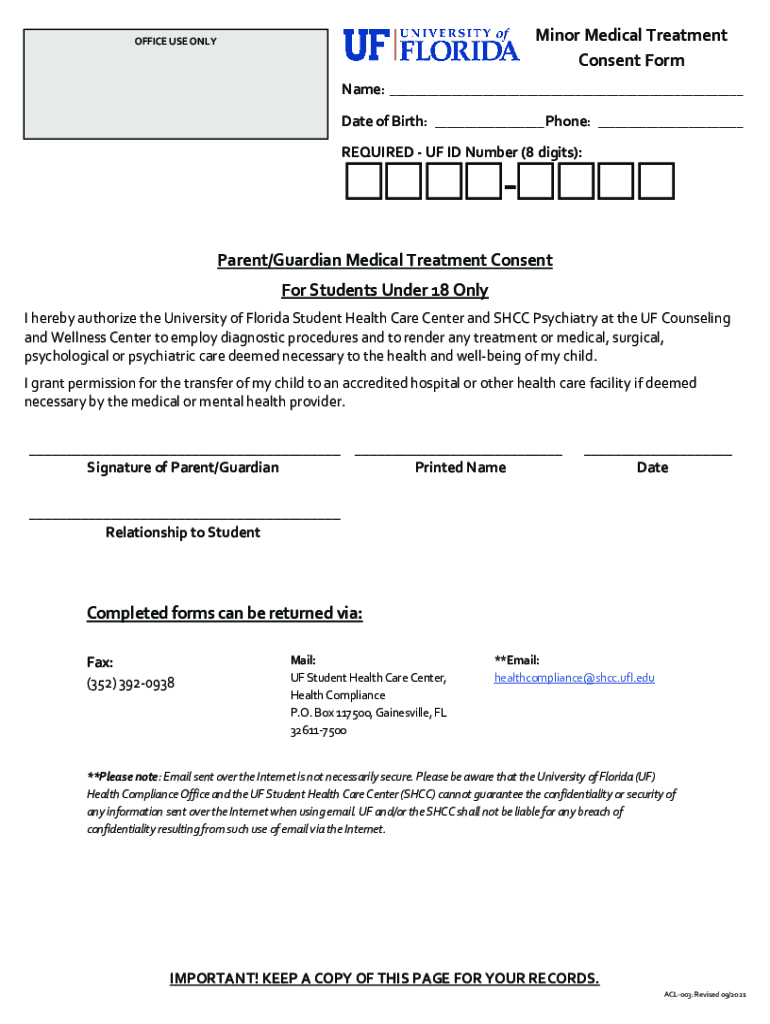 Fillable Online shcc ufl Parental/Guardian Authorization for Treatment of Minors ( ... Fax Email ...