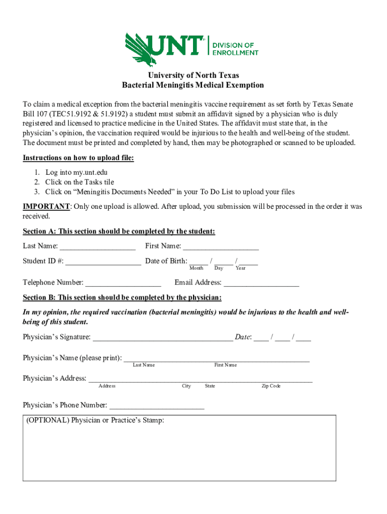 Fillable Online studentaffairs unt University of North Texas Bacterial Meningitis Medical ...