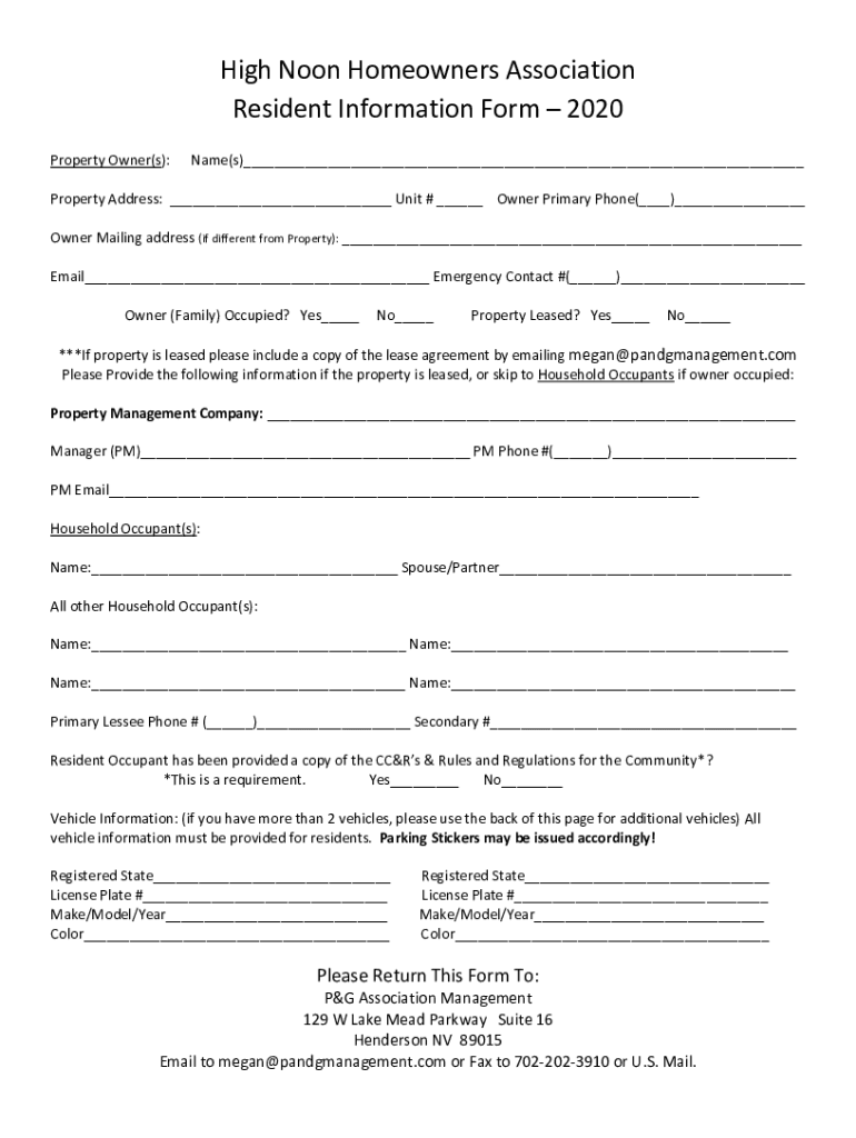 Fillable Online High Noon Homeowners Association Resident Information ...