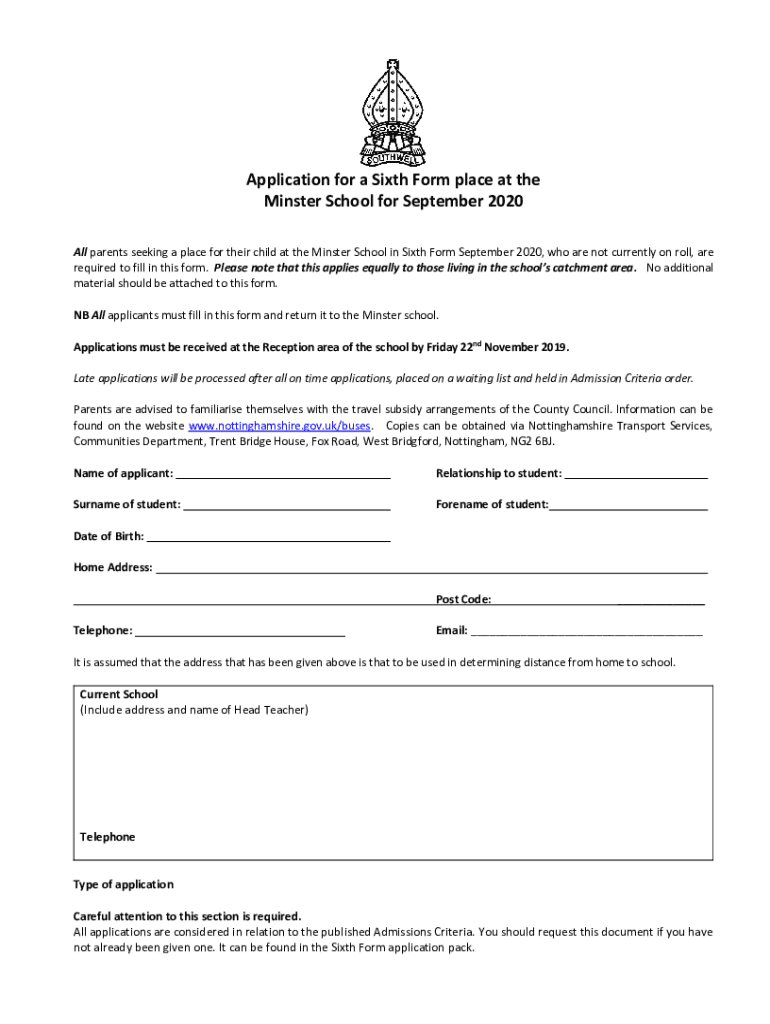 Fillable Online Application for a Sixth Form place at the Minster ...