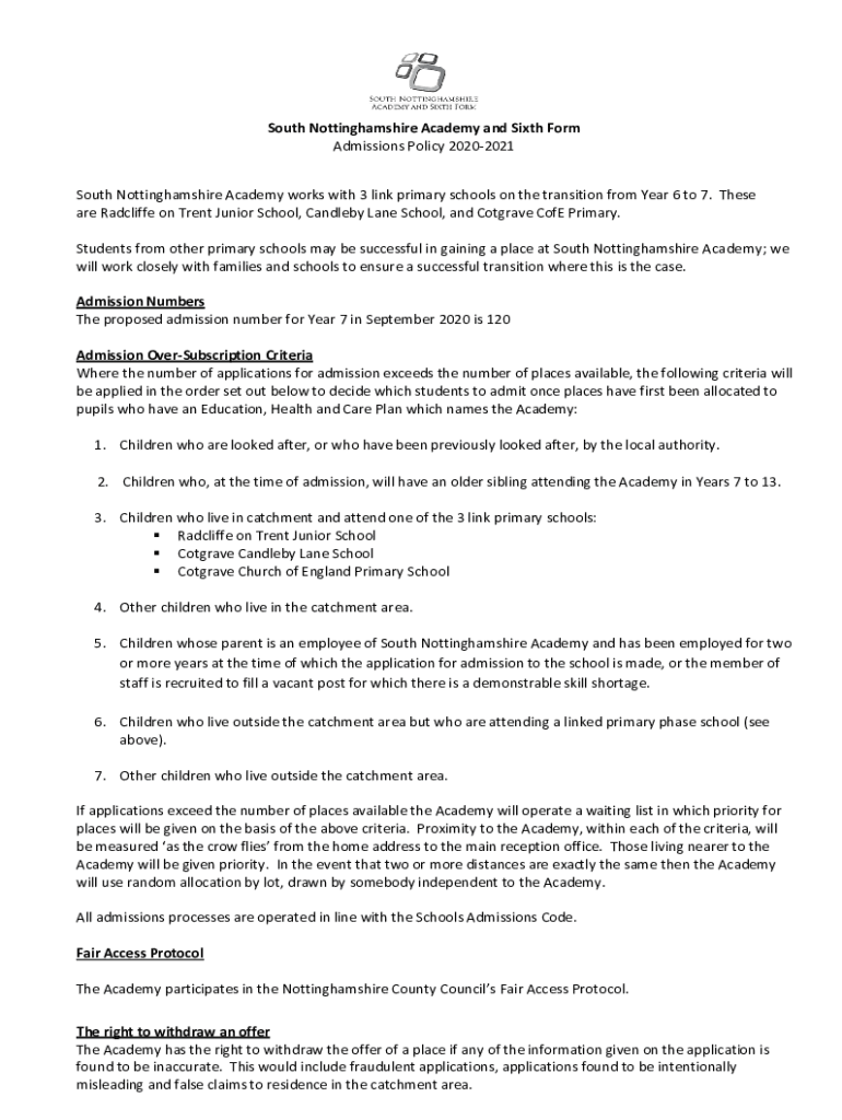 Fillable Online South Nottinghamshire Academy and Sixth Form Fax Email ...